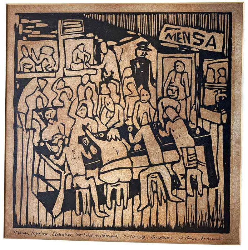 Arthur Secunda Linoleum Block Print | Mensa Populare - 1953